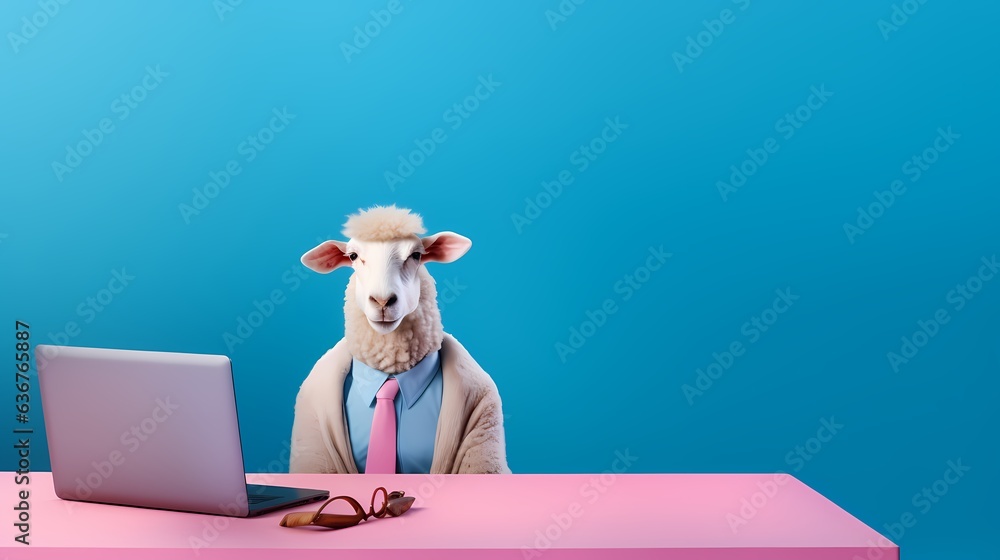 Imagine a whimsical scene where a sheep sits at a computer desk in a ...