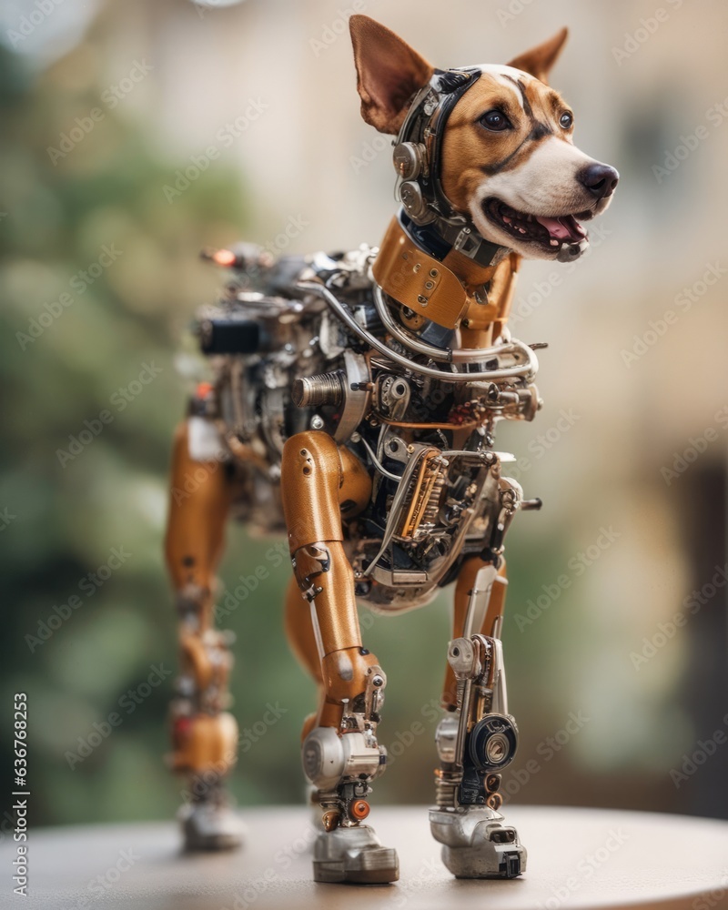 Portrait of a dog on the street whose body has been completely replaced ...