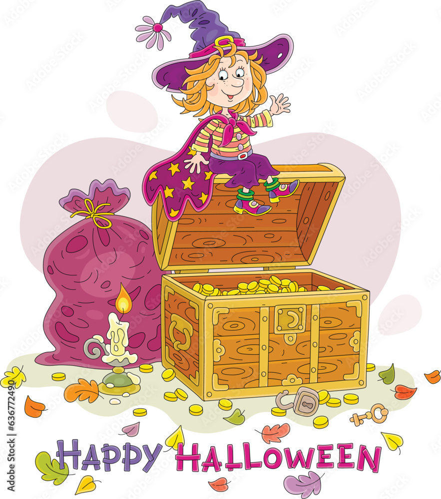 Happy little witch with a burning candle checking a safety of her ...