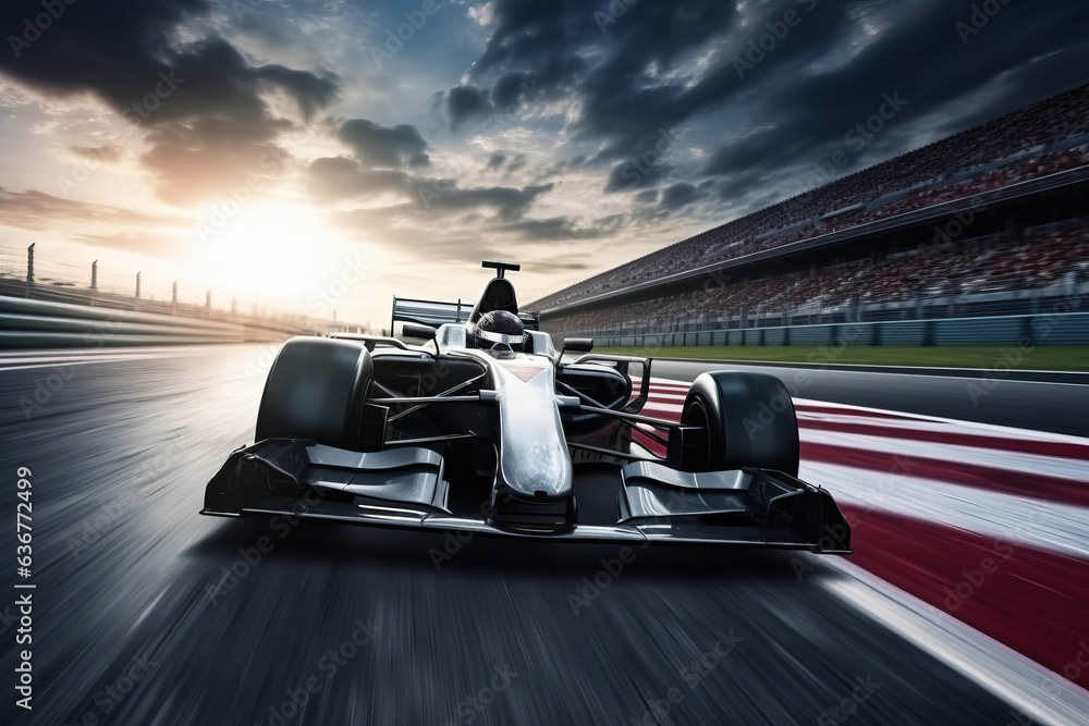 Formula 1 car on the track while driving, front view. generative ai ...