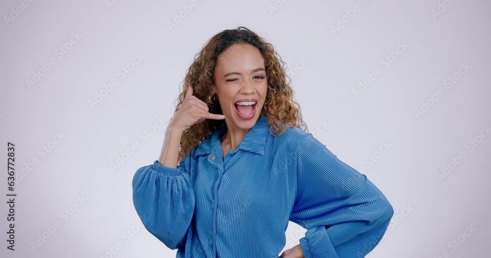 Face, smile and woman with call me hand, communication and funny on a ...