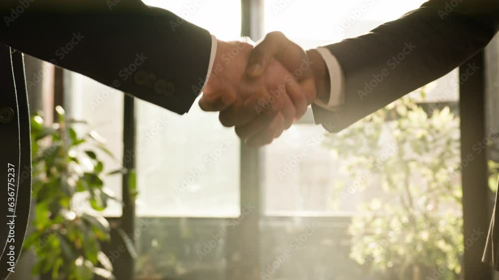 Close-up male hands shaking in office corporate handshaking greeting ...