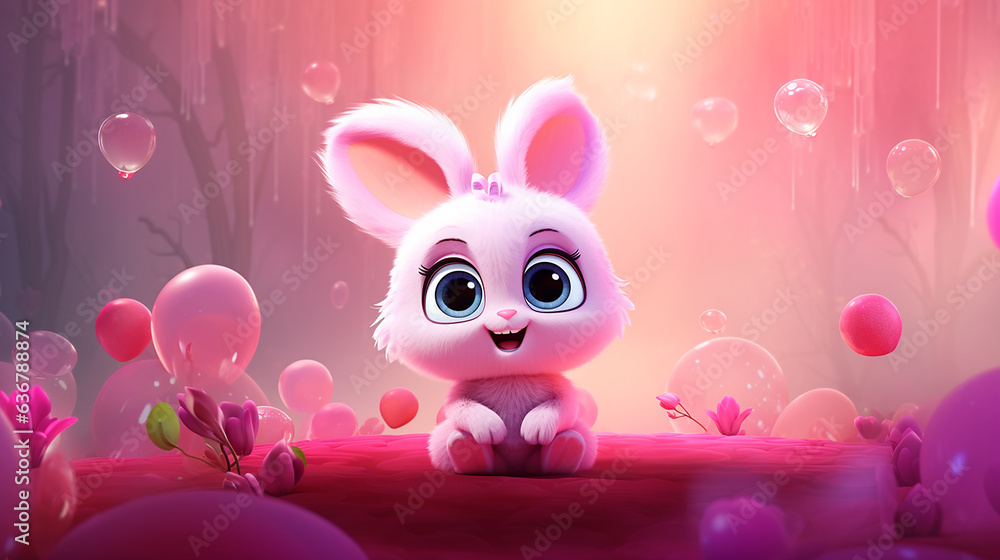 Magical Pink-Themed Scene: Cute Bunny in Fantasy Setting for Kids Stock ...