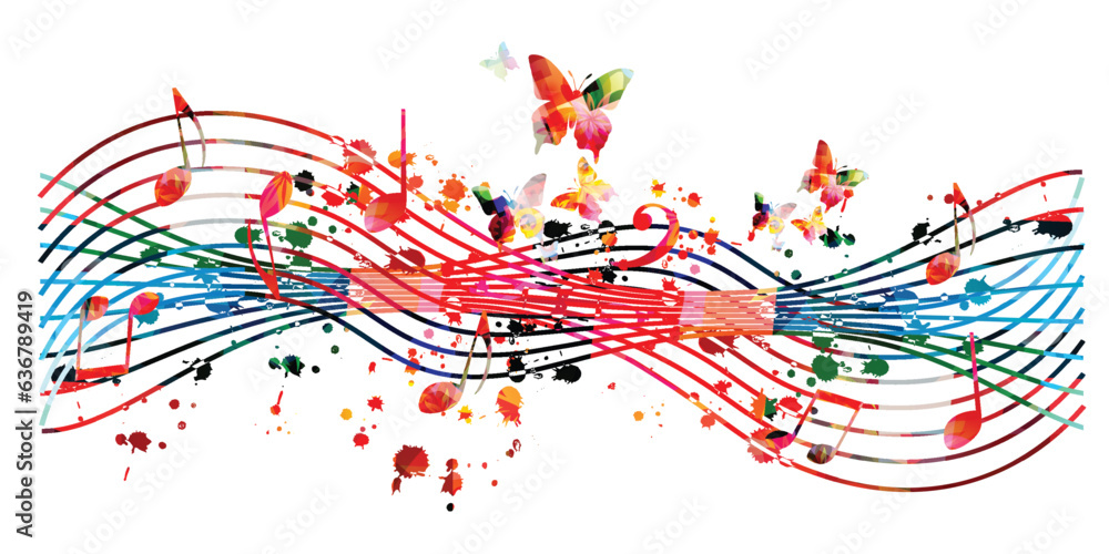 Music background with colorful musical notes staff. Vector illustration ...