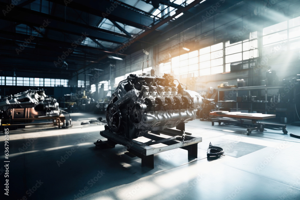 v-shaped car engine on a repair stand in the middle of an auto repair ...