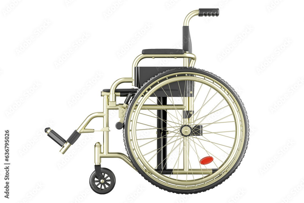 Manual wheelchair, wheelchair. Side view. 3D rendering isolated on ...
