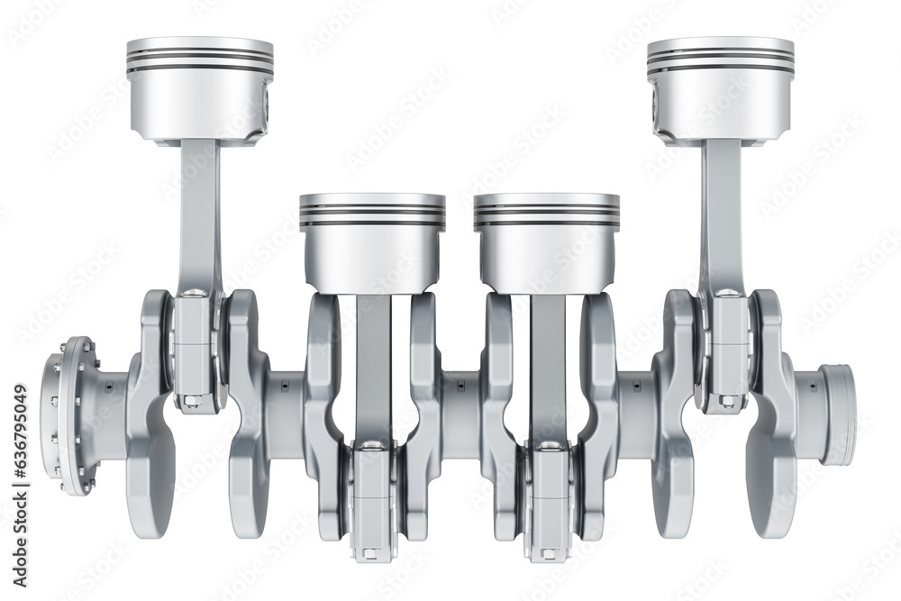 V4 engine pistons on crankshaft, 3D rendering isolated on transparent ...
