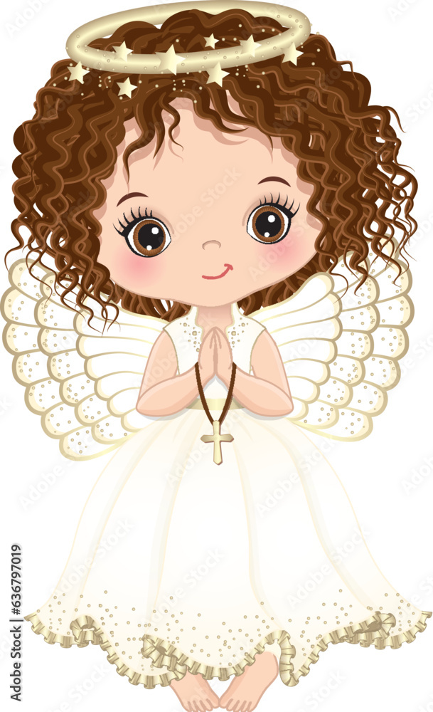 Vector Cute Girl Angel Holding Cross, Praying Stock Vector | Adobe Stock