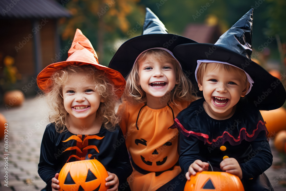 Kids trick or treat in Halloween costume. Happy Halloween Stock Photo ...