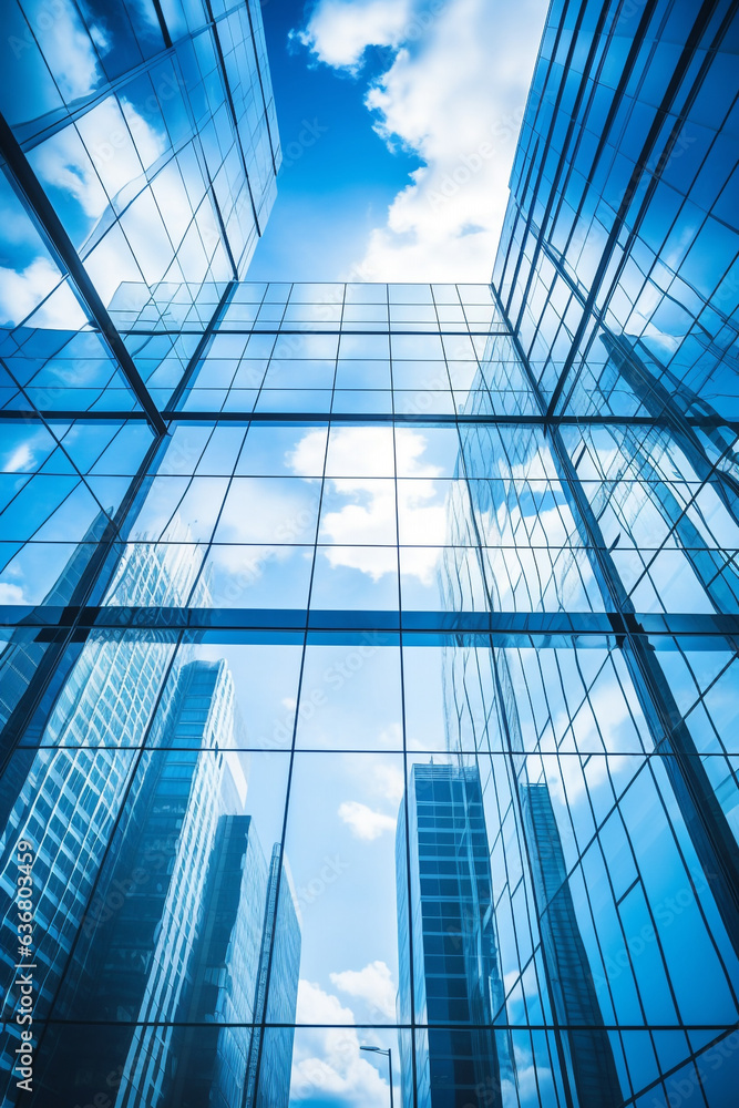 Reflective skyscrapers, business office buildings. Low angle ...