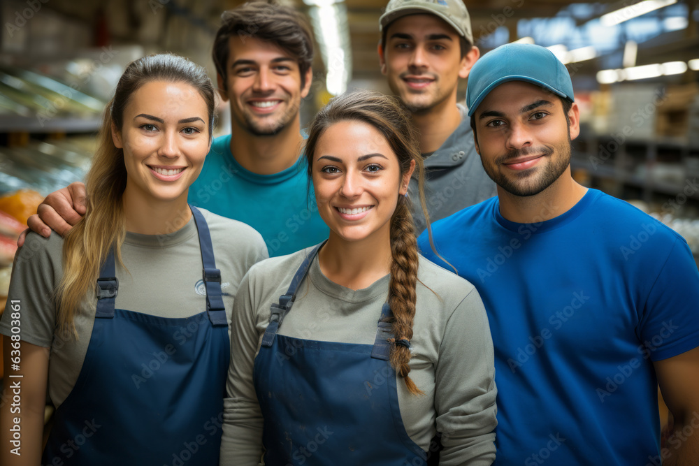 Advertising portrait shot of a fishmarket staff team standing together ...