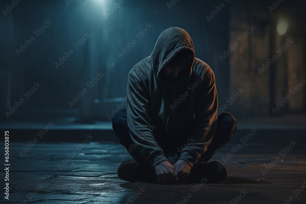 Conceptual image on the subject of drug addiction.man sitting and hugs ...