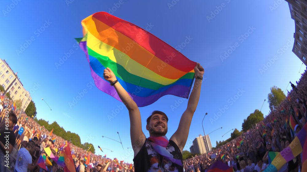 Urban protest of LGBTQ holding rainbow flags, filmed with a wide-angle ...