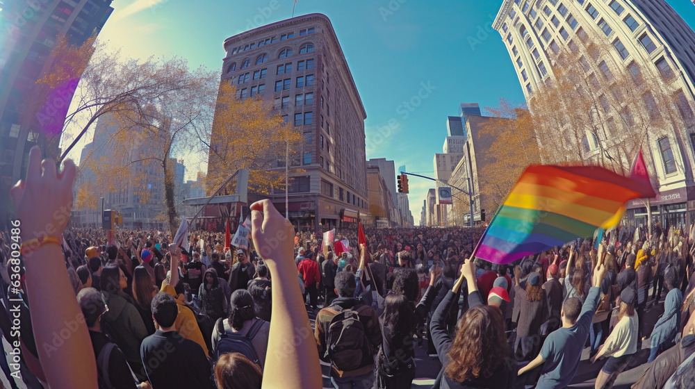 Urban protest of LGBTQ holding rainbow flags, filmed with a wide-angle ...