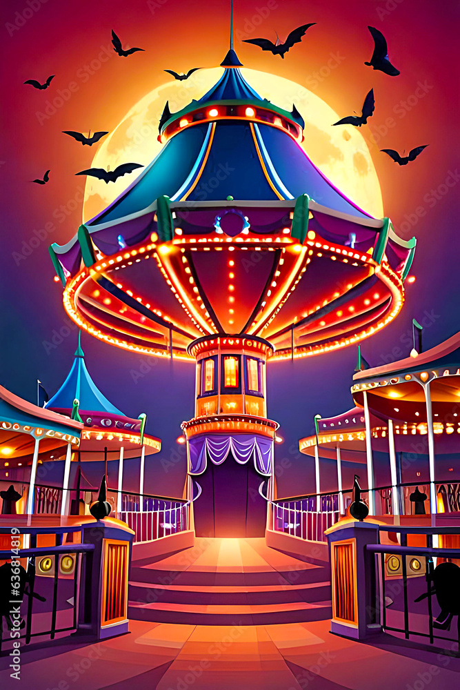 dynamic Halloween poster showcasing a haunted carnival scene. Include a ...