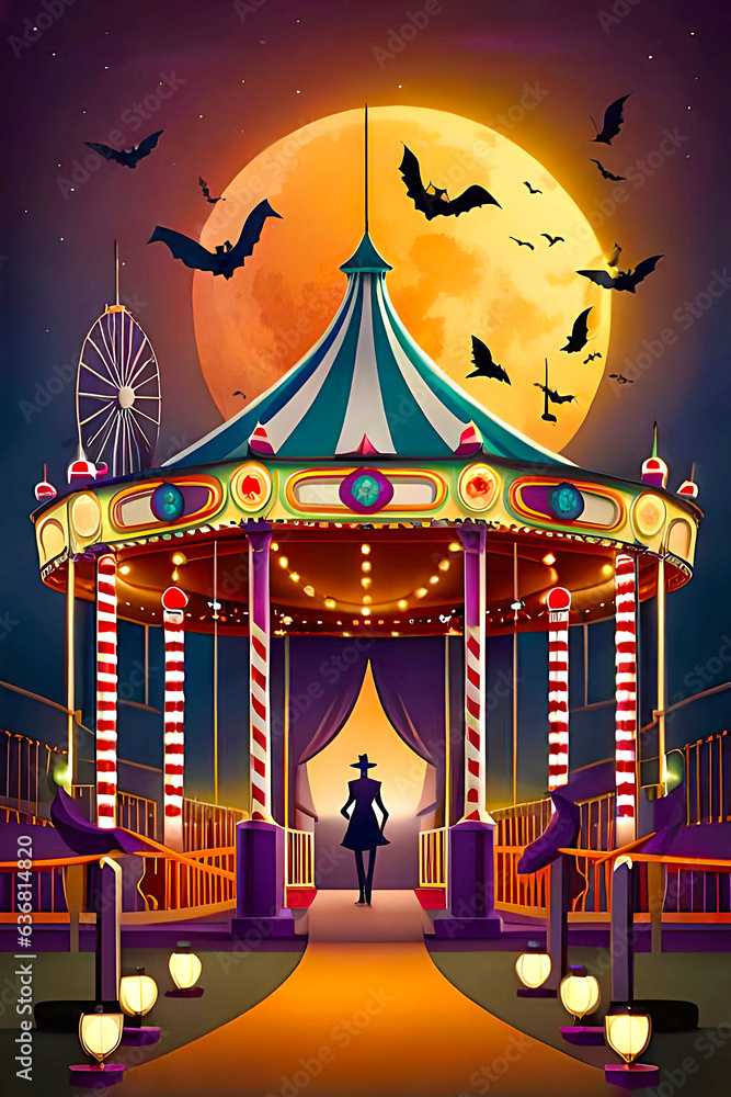 dynamic Halloween poster showcasing a haunted carnival scene. Include a ...