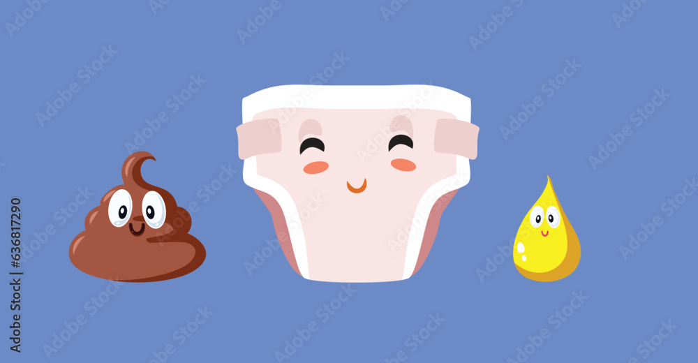 Funny Diaper, Pee and Poo Vector Cartoon Characters Set. Cheerful icons ...