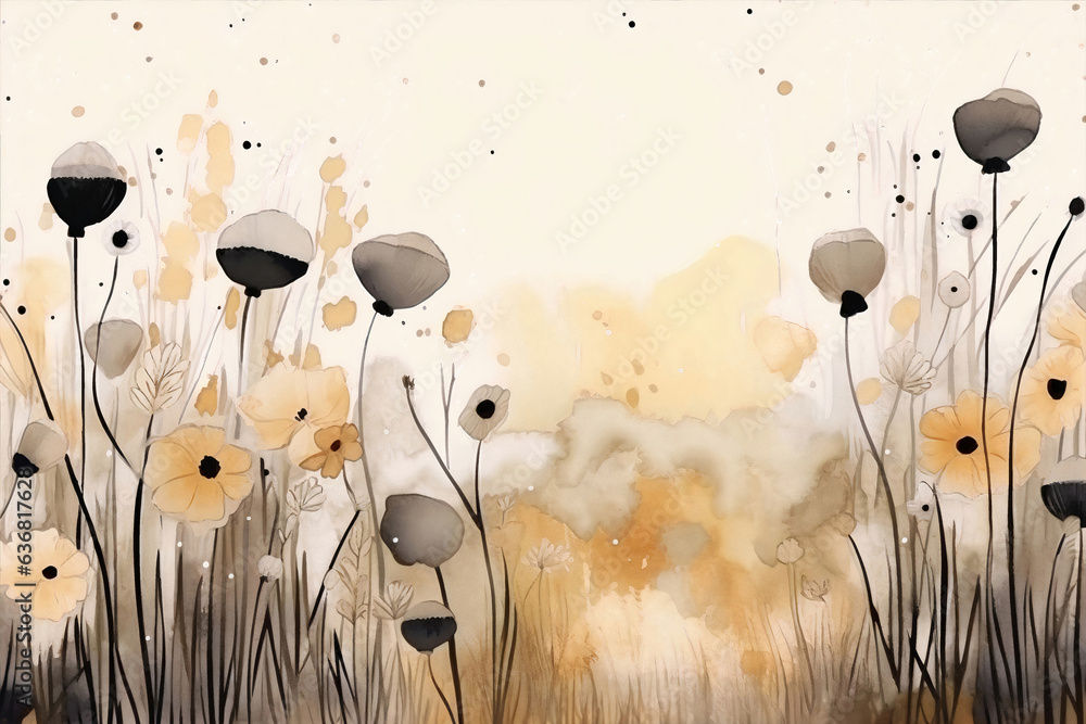 Watercolor of a landscape of poppy, flower, branches and dry life with ...