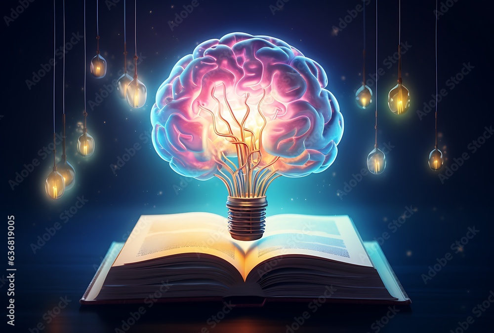 Open book with glowing brain and light bulb on dark background Stock Illustration | Adobe Stock