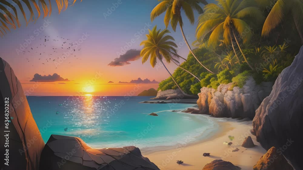 sunset or sunrise on the beach. Cartoon or anime illustration style ...