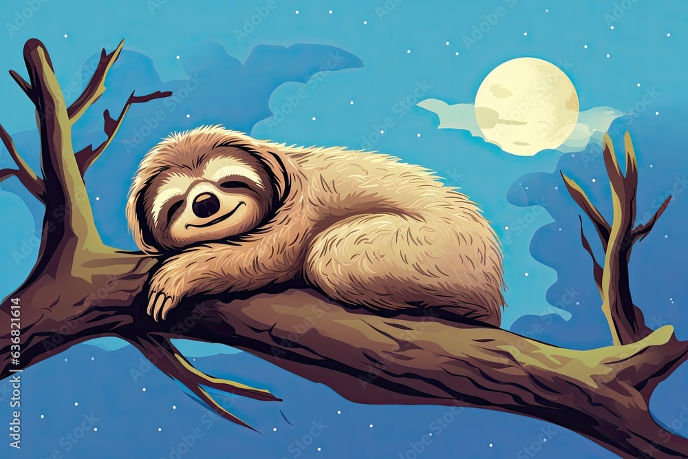 Sloth taking a leisurely nap on a tree branch, its eyes closed and a ...
