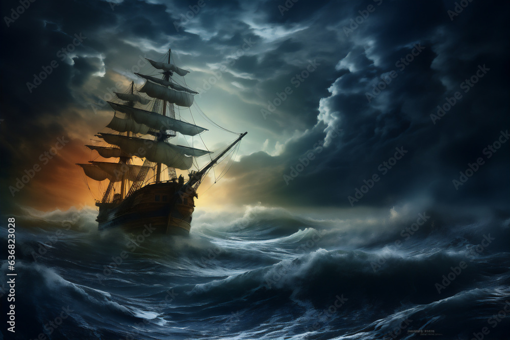 high sea with giant dramatic wave in the storm, a huge pirate sailing ...