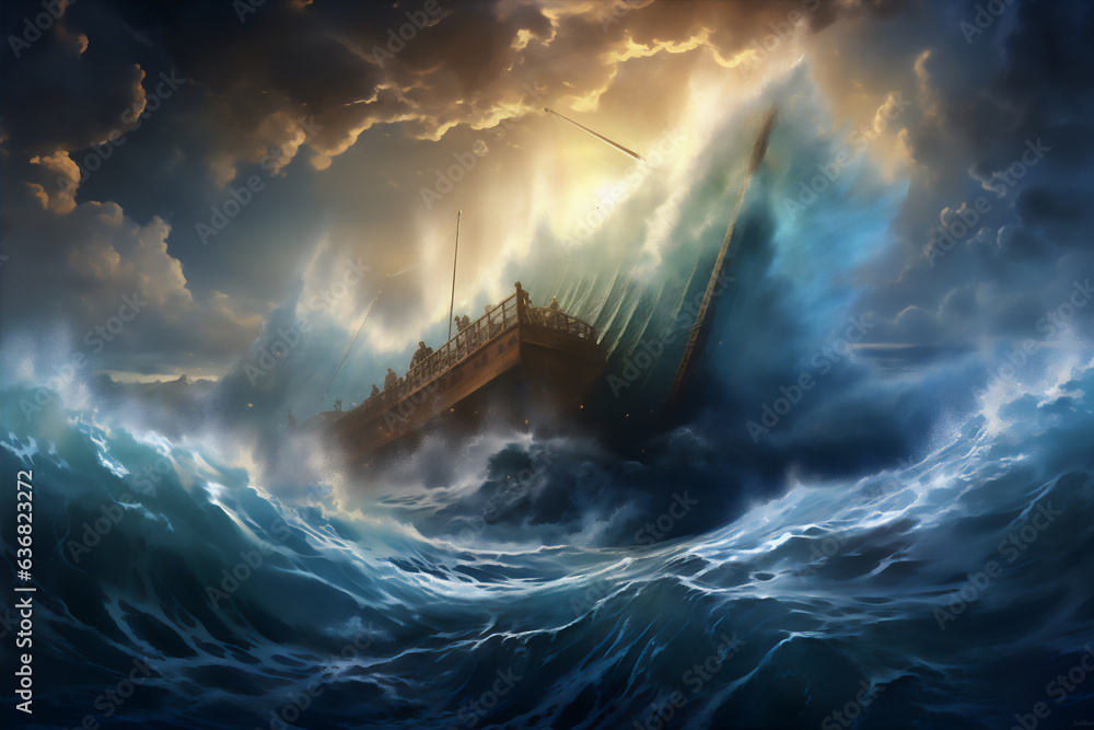 high sea with giant dramatic wave in the storm, a huge pirate sailing ...