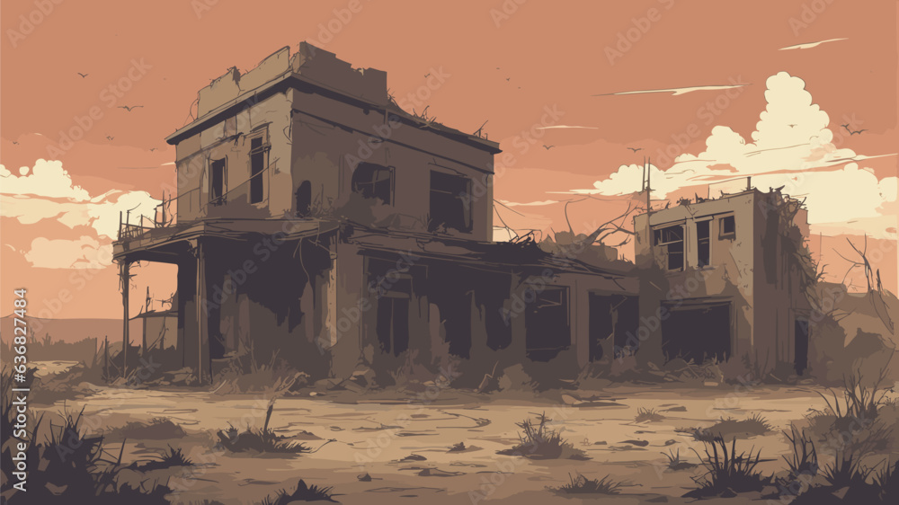 background image depicting a post-apocalyptic wasteland, with crumbling ...