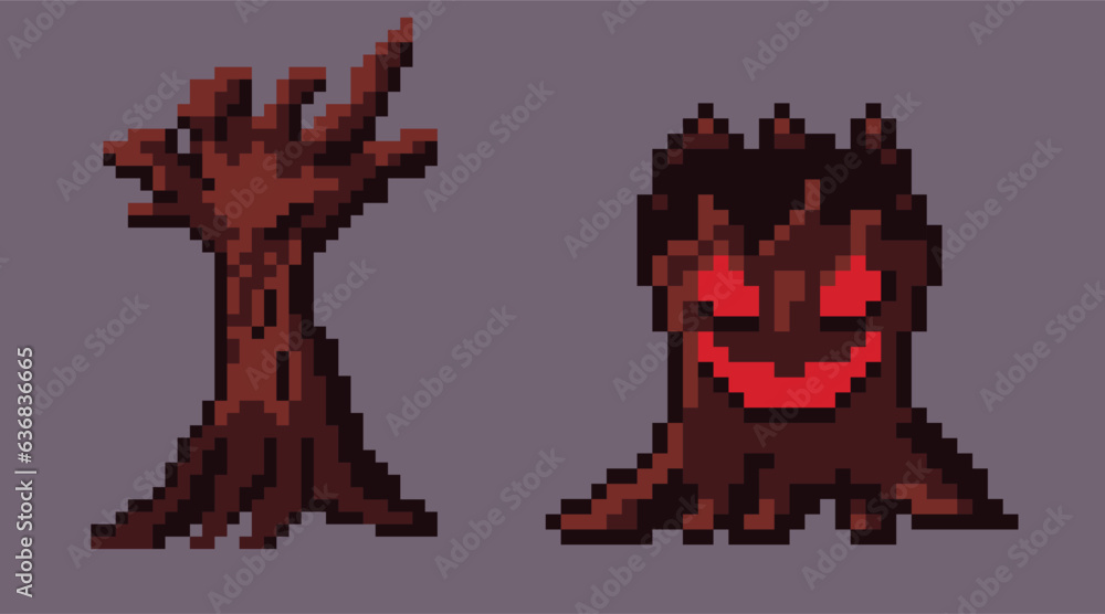Pixelated art of halloween wood character. simple pixel art evil tree ...