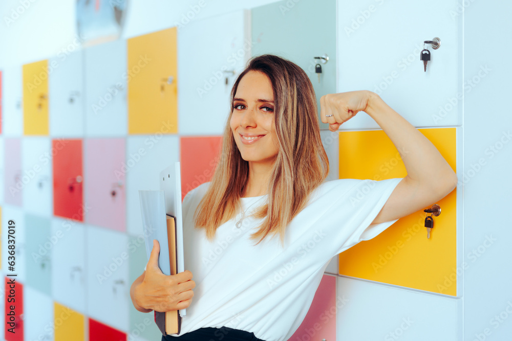 Happy Teacher Showing her Strong Biceps Holding Textbooks. Powerful ...
