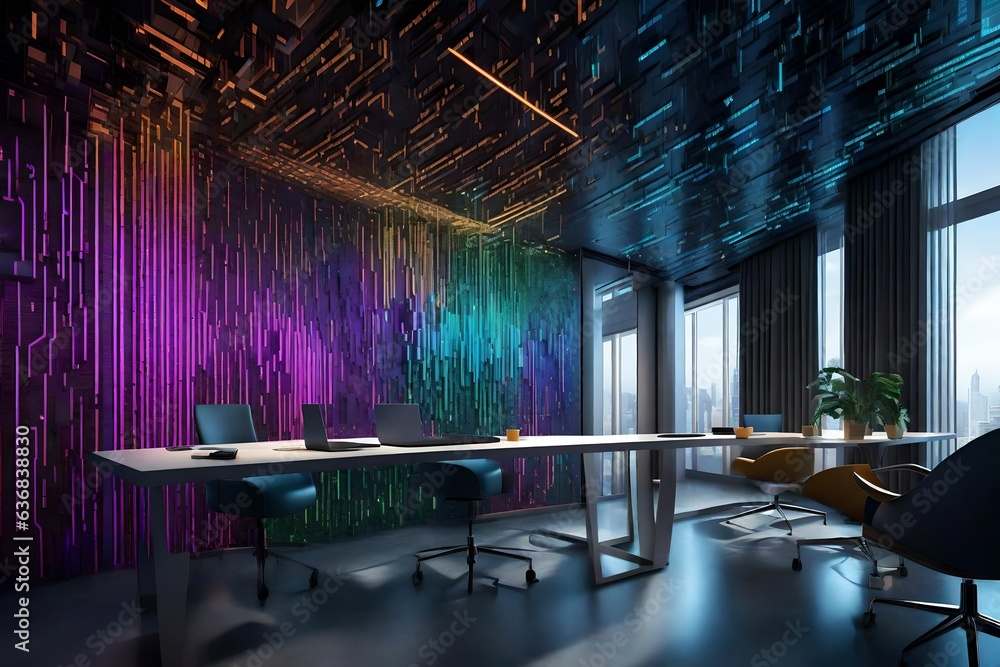 Within a high-tech office, there's an awe-inspiring 3D-rendered wall ...