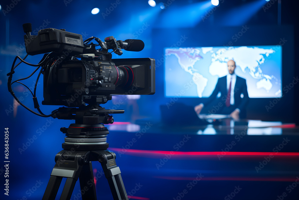 Professional TV Camera Standing in Live News Studio with Anchor seen in ...