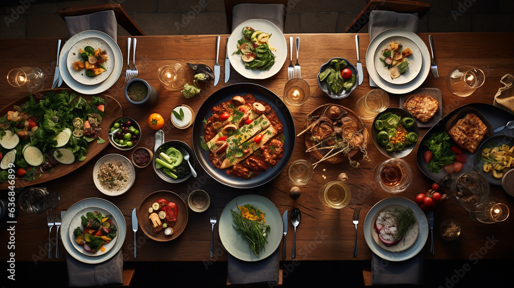 Table with food. The table is set for the festive dinner. Top view. A ...