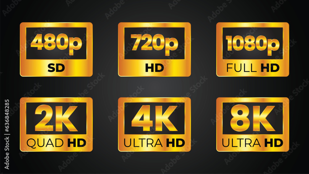 Video resolution icons set, labels of 4K, 8K and 2K and Full Ultra HD ...