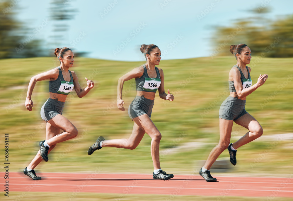 Sports, running and sequence of woman on race track in stadium for ...