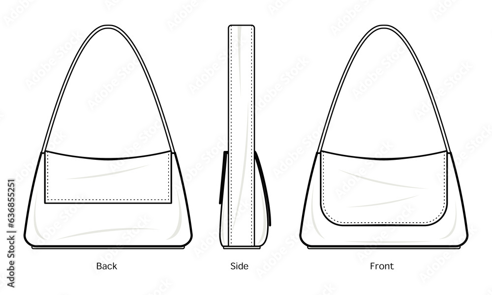 Shoulder bag fashion flat technical drawing template. Shoulder bag ...