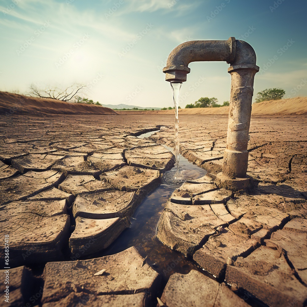 Dry cracked desert with old water pipe. Water scarcity concept ...