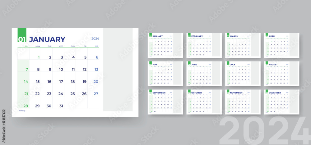 Horizontal monthly calendar template for 2024 year, Corporate templates ...