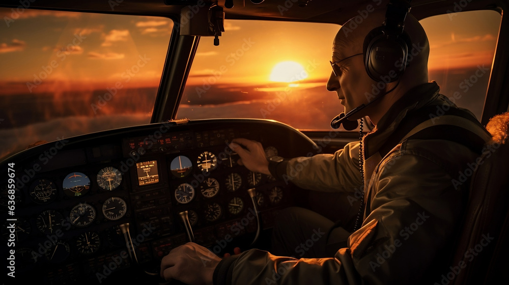 Commander piloting a plane at sunrise. Pilot in the plane cockpit ...