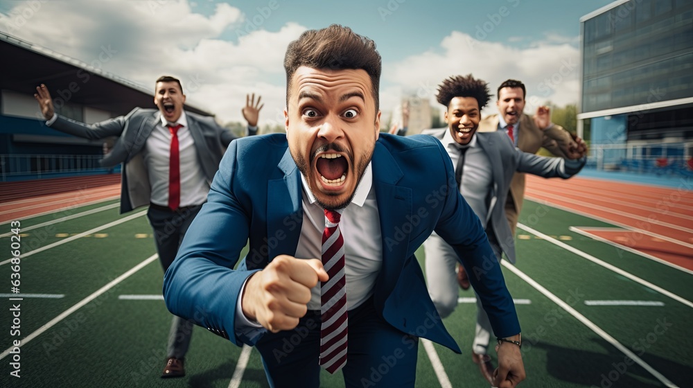 Foto de Large group of joyful entrepreneurs having fun on a sports race ...