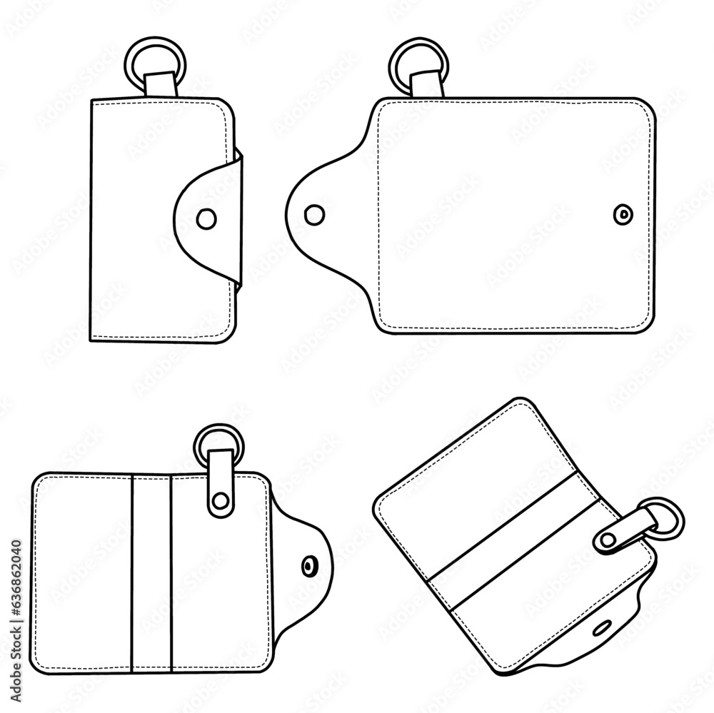 Technical drawings of Leather Keychain Wallet case open outline vector ...