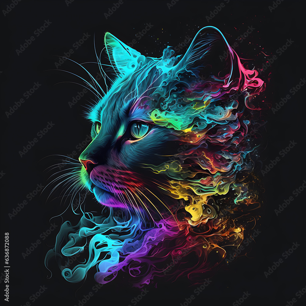 "Ai Art" Colorful Cat Design with Black Background for T-Shirts and ...