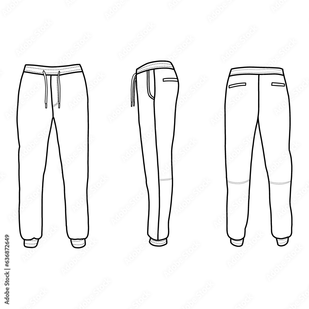 Technical sketch drawing of mens Jogger Pants vector template, front ...