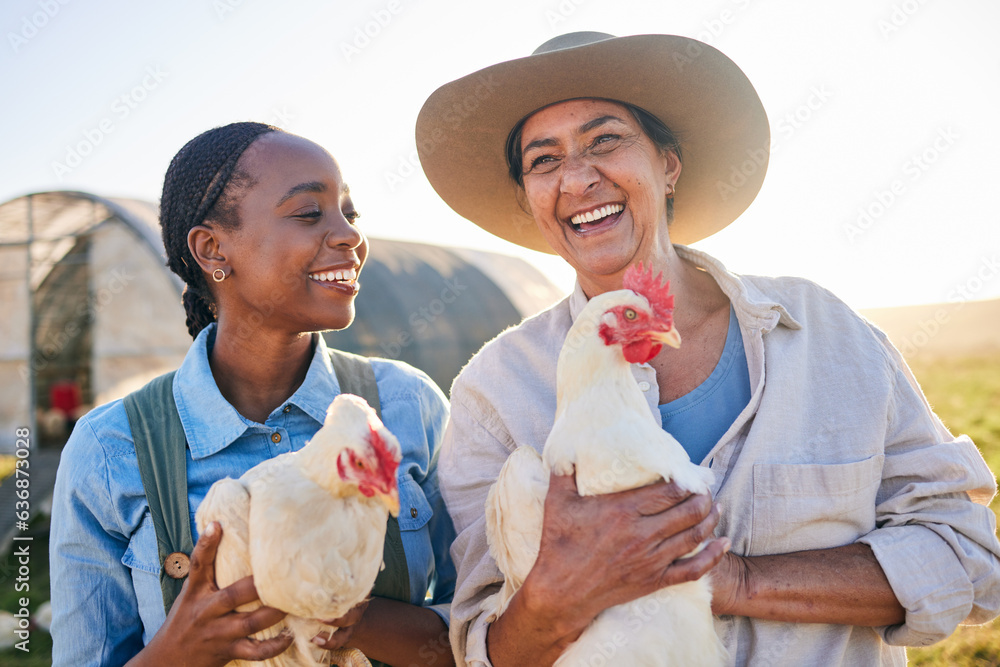 Farm, happy and women with chicken in nature, countryside or field for ...