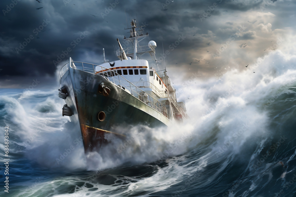 A cargo or fishing ship is caught in a severe storm. Ship at sea on big ...