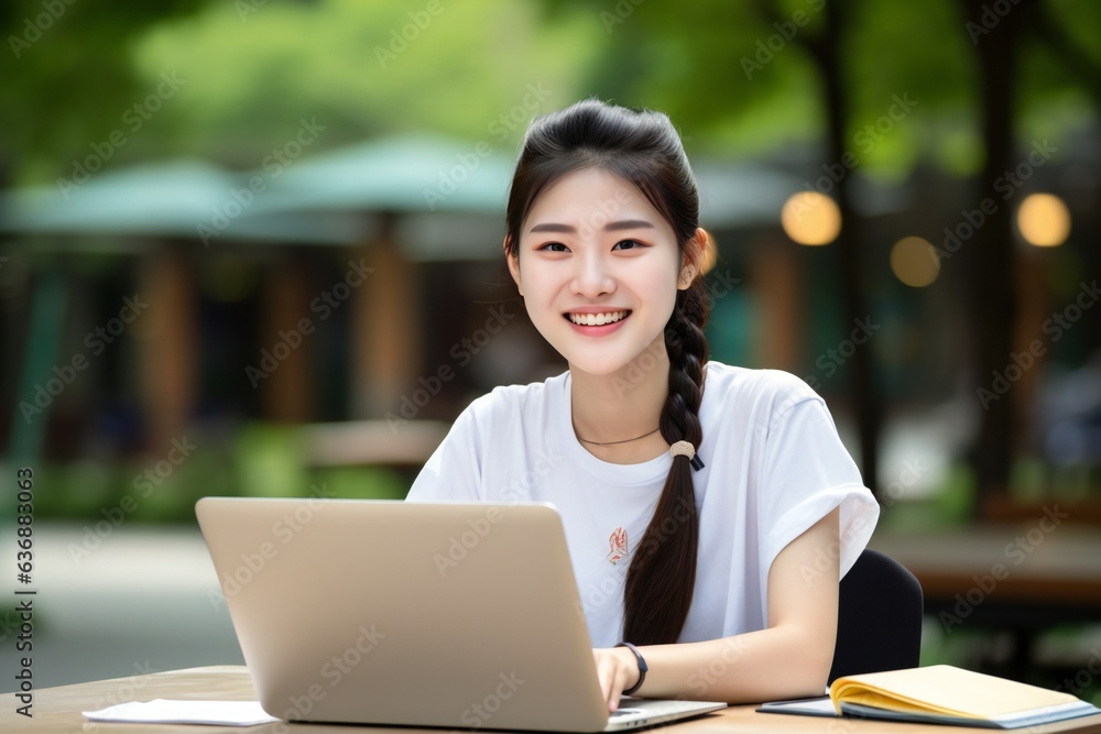 Education study abroad, Chinese student girl sitting at table do ...
