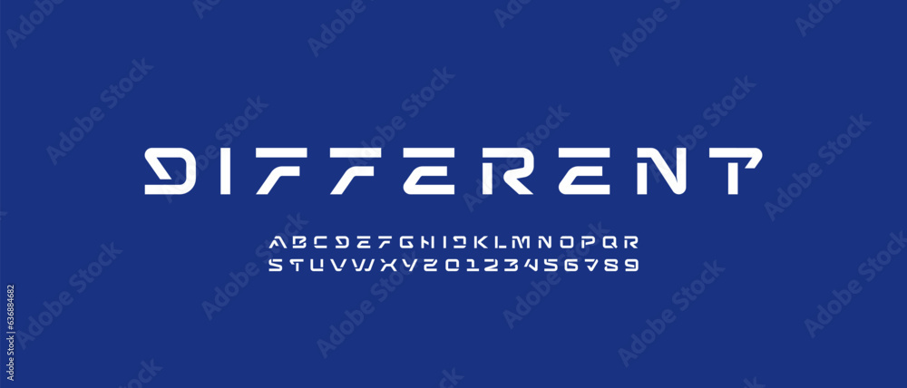 Tech font, digital alphabet, bold Latin letters A-Z and Arab numerals 0 ...