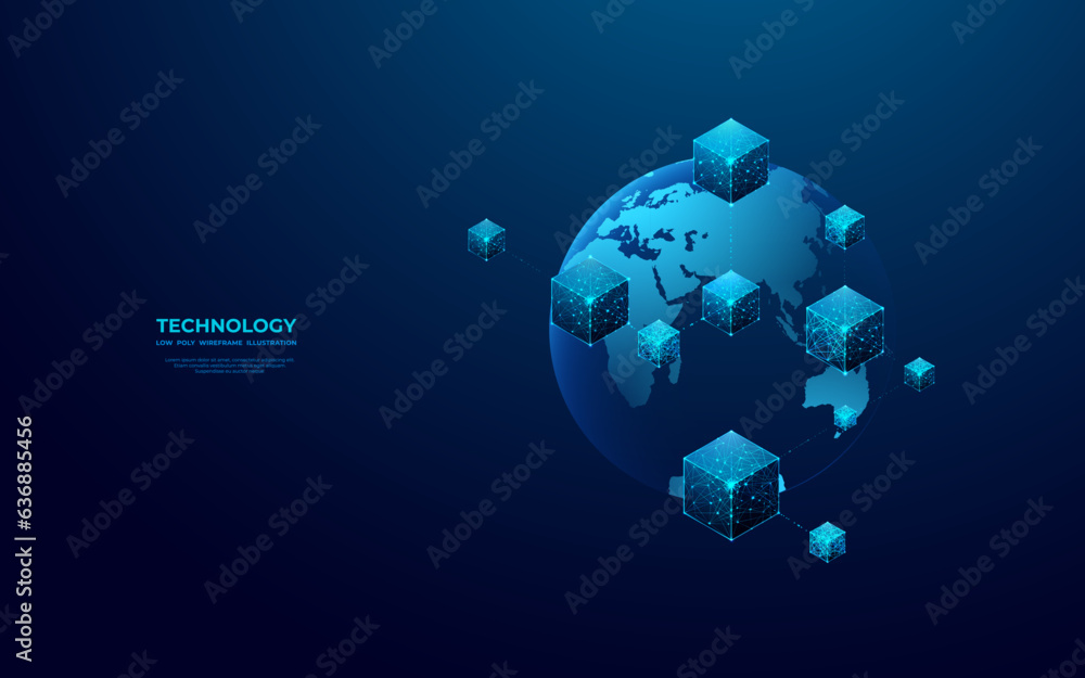 Abstract digital 3D blockchain icon on technology globe Earth ...