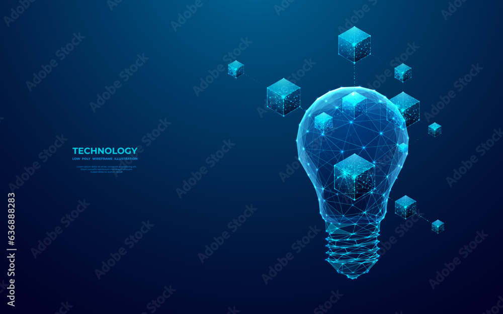 Photo Abstract linked blocks and digital light bulb on technology blue ...