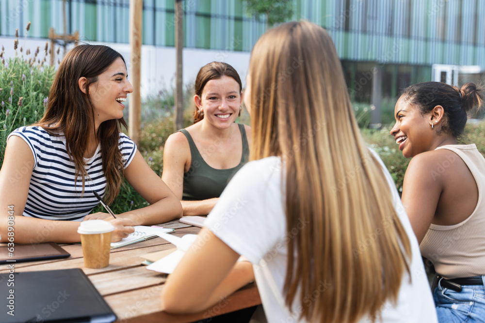 Group of female students, high school girl friends gather at University ...